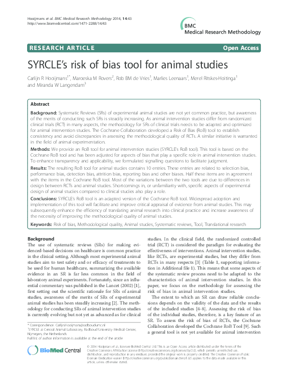 (PDF) SYRCLE’s risk of bias tool for animal studies