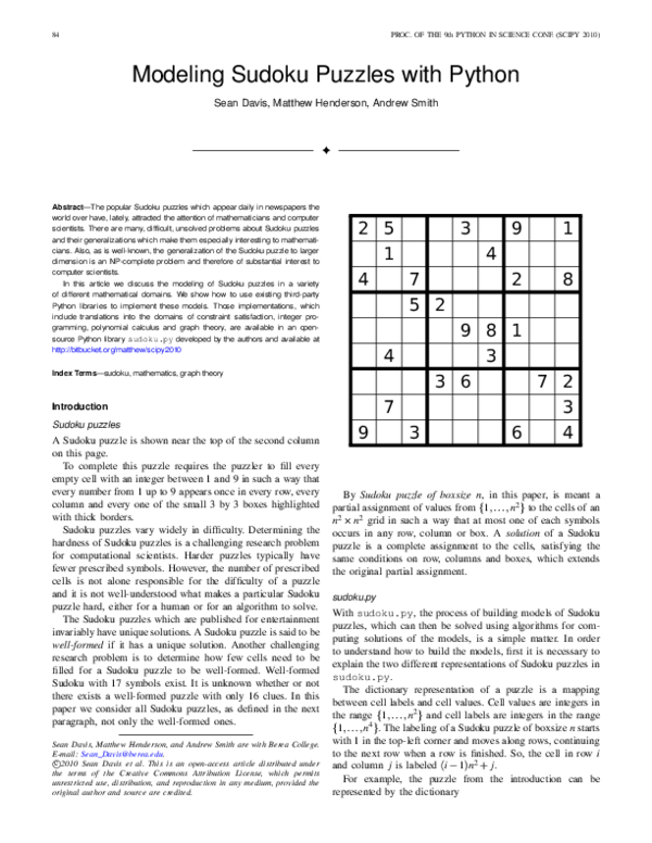 Pdf Sudoku Puzzles Mathematical And Computational Insights