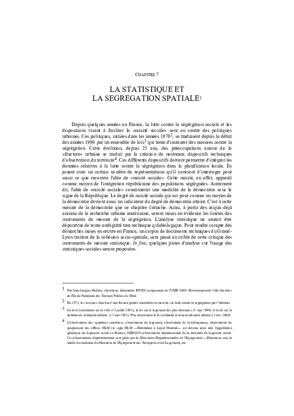 (PDF) LA STATISTIQUE ET LA SEGREGATION SPATIALE