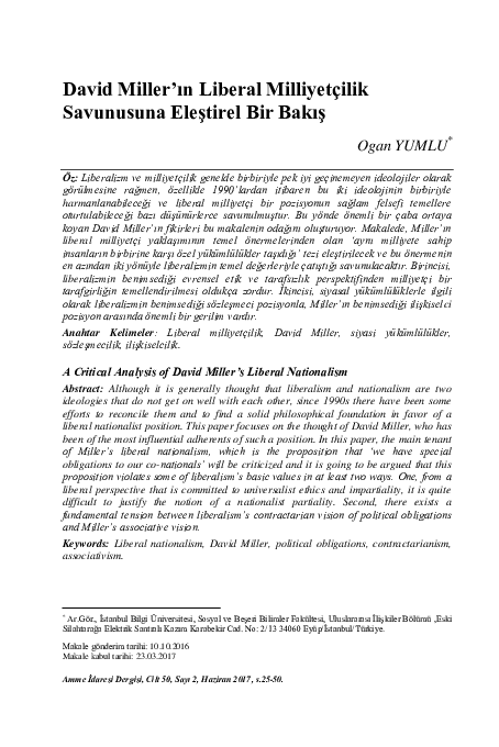 (PDF) David Miller'ın Liberal Milliyetçilik Savunusuna Eleştirel Bir ...