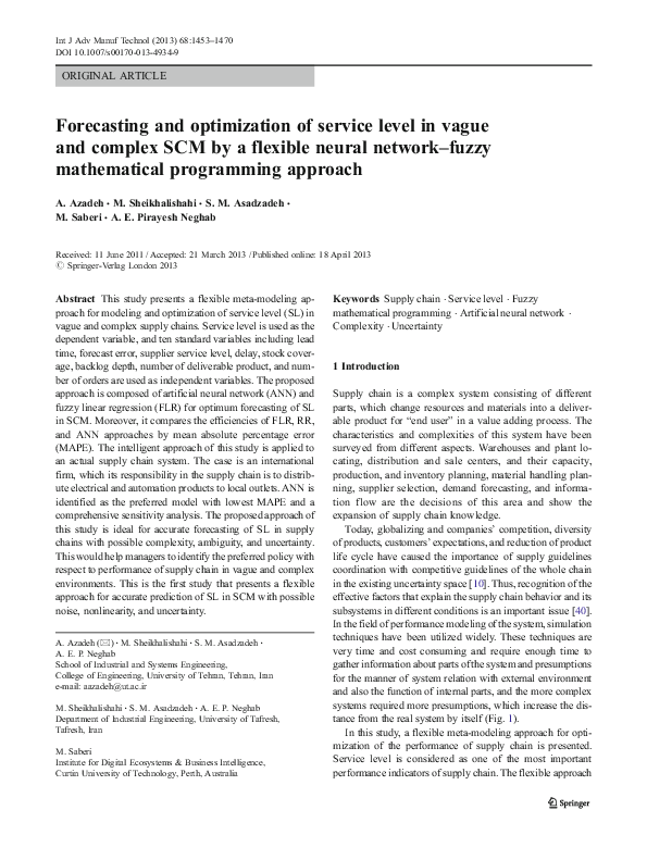 (PDF) Forecasting and optimization of service level in vague and complex SCM by a flexible ...