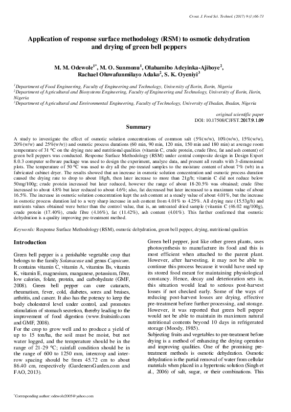 (PDF) Application of response surface methodology (RSM) to osmotic dehydration and drying of ...