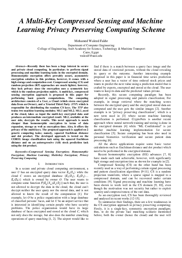 Pdf A Multi Key Compressed Sensing And Machine Learning Privacy