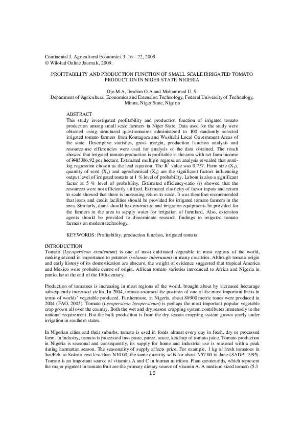 Pdf Profitability And Production Function Of Small Scale Irrigated Tomato Production In Niger