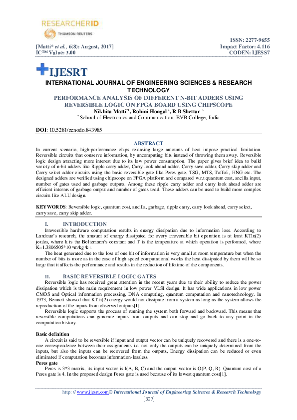 Pdf Performance Analysis Of Different N Bit Adders Using Reversible Logic On Fpga Board Using