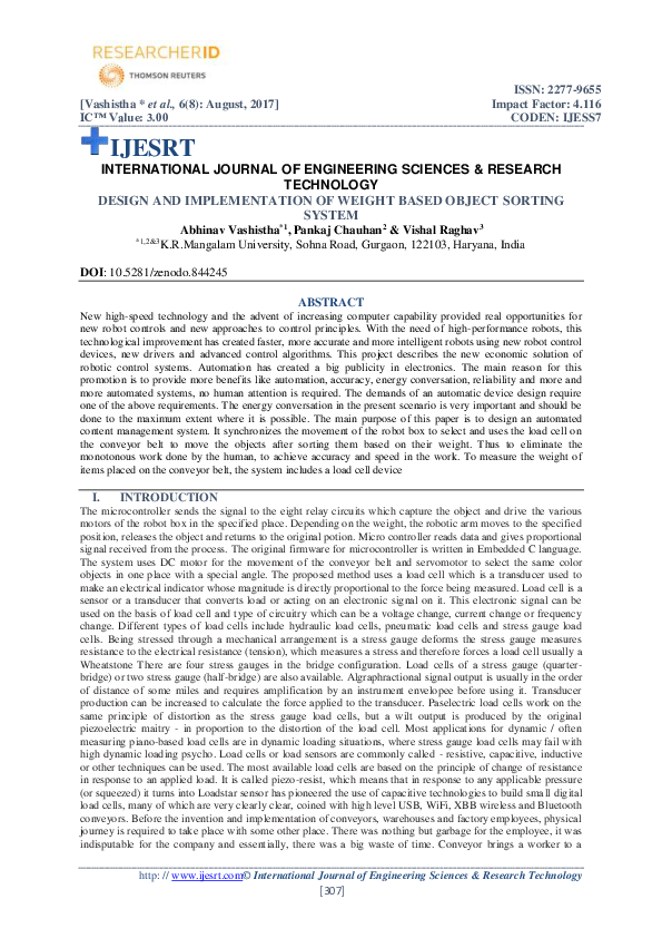 Pdf Design And Implementation Of Weight Based Object Sorting System