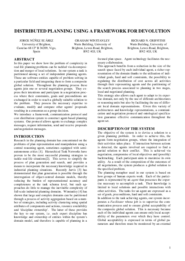 (PDF) Distributed Planning Using a Framework for Devolution