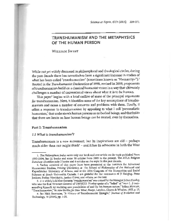 (PDF) Transhumanism and the Metaphysics of the Human Person [2015]