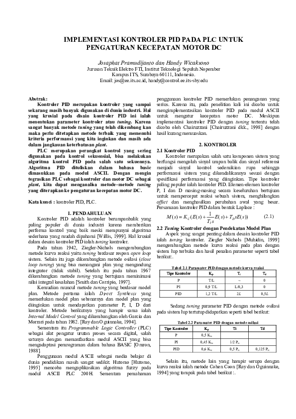 (PDF) IMPLEMENTASI KONTROLER PID PADA PLC UNTUK PENGATURAN KECEPATAN MOTOR DC