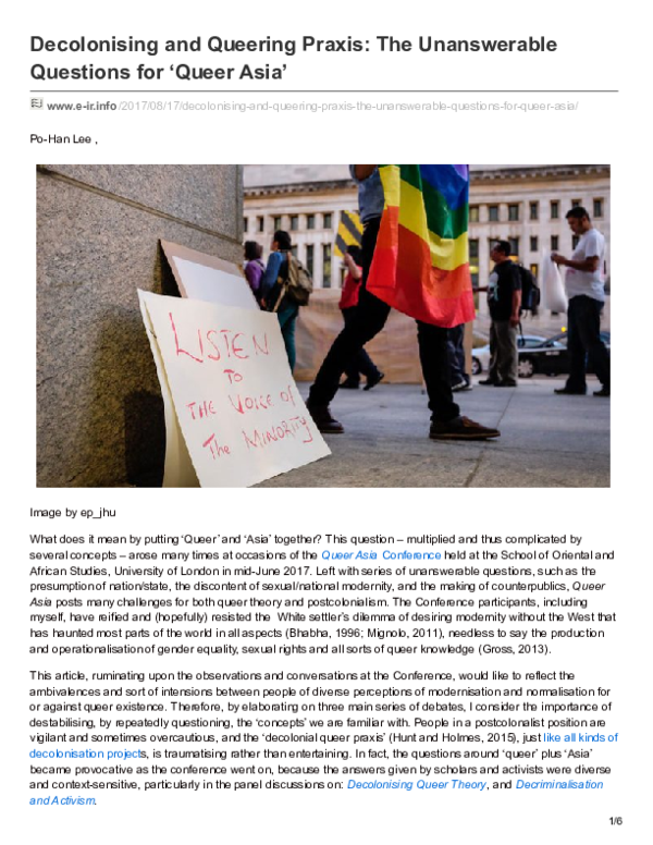 (PDF) Decolonising and Queering Praxis: The Unanswerable Questions for 'Queer Asia'