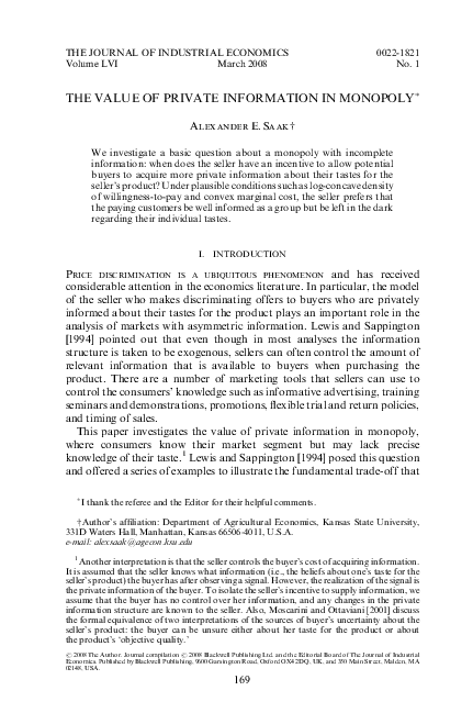 (PDF) The Value of Private Information in Monopoly | Alexander Saak ...
