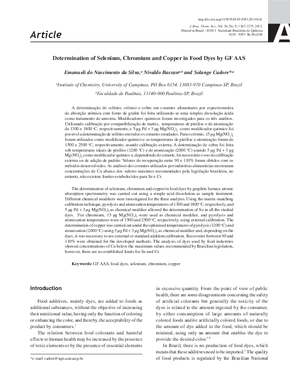 Pdf Determination Of Selenium Chromium And Copper In Food Dyes By Gf Aas