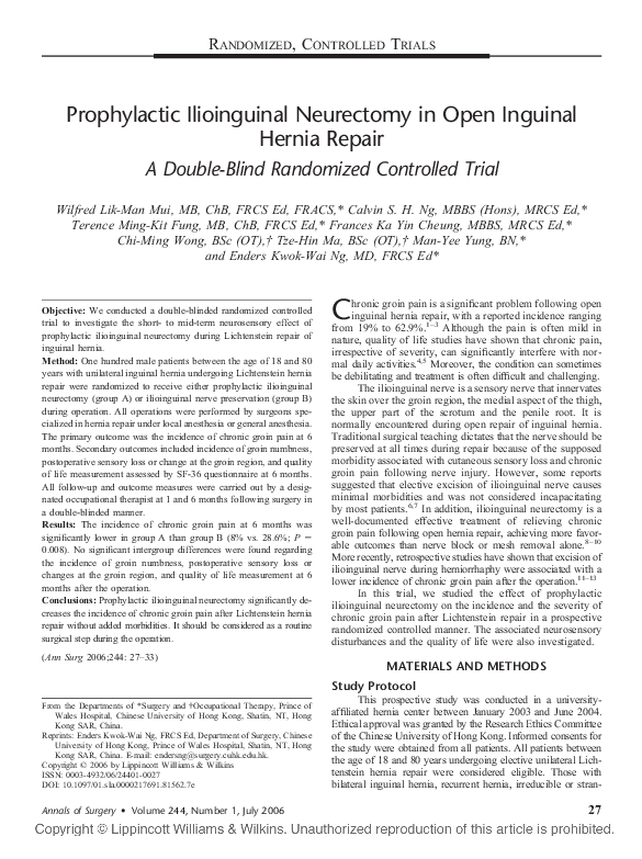 (PDF) Prophylactic Ilioinguinal Neurectomy in Open Inguinal Hernia ...