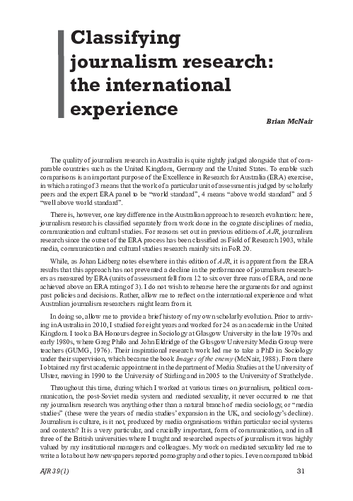 (PDF) Classifying journalism research: the international experience
