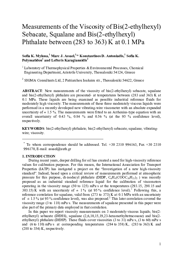 (PDF) Measurements of the Viscosity of Bis(2-ethylhexyl) Sebacate ...