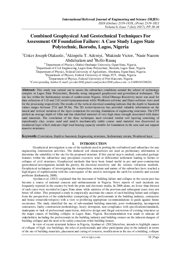 (PDF) Combined Geophysical And Geotechnical Techniques For Assessment Of Foundation Failure: A ...