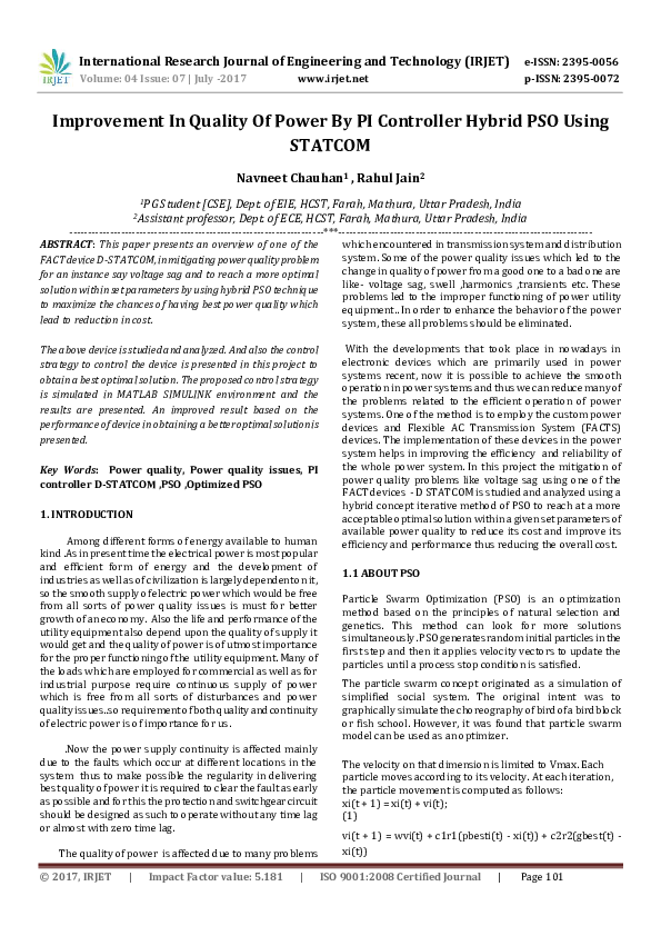 (PDF) Improvement In Quality Of Power By PI Controller Hybrid PSO Using STATCOM | IRJET Journal ...