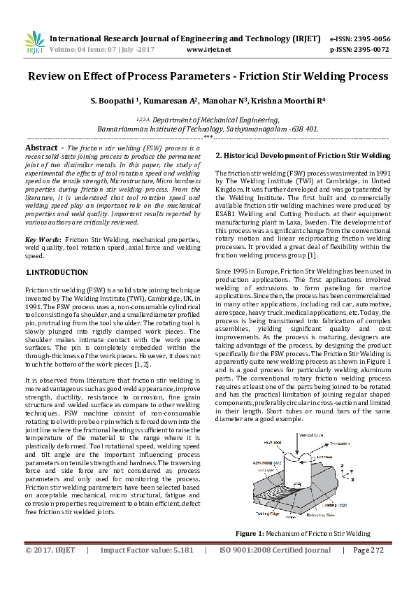 Pdf Review On Effect Of Process Parameters Friction Stir Welding Process