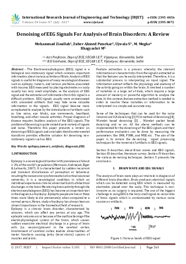 (PDF) Denoising of EEG Signals For Analysis of Brain Disorders: A Review