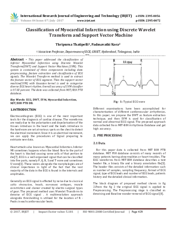 Pdf Classification Of Myocardial Infarction Using Discrete Wavelet Transform And Support