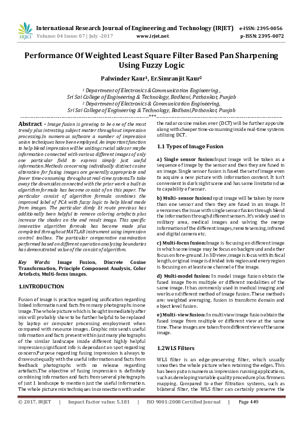 (PDF) Performance Of Weighted Least Square Filter Based Pan Sharpening Using Fuzzy Logic