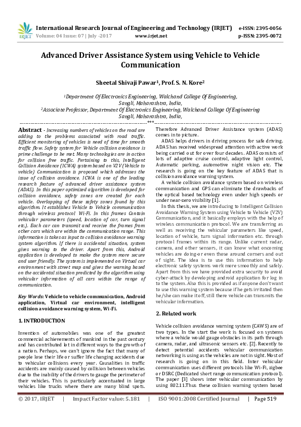 (PDF) Advanced Driver Assistance System using Vehicle to Vehicle ...