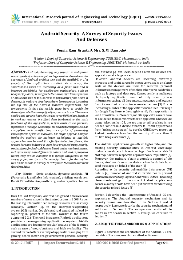 Pdf Android Security A Survey Of Security Issues And Defenses