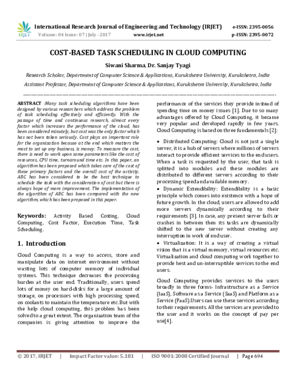 (PDF) COST-BASED TASK SCHEDULING IN CLOUD COMPUTING