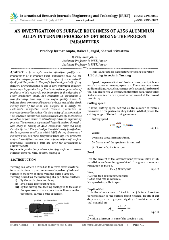 Pdf An Investigation On Surface Roughness Of A356 Aluminium Alloy In Turning Process By