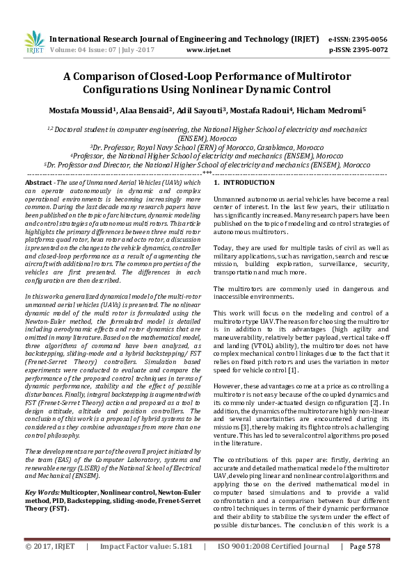 Pdf A Comparison Of Closed Loop Performance Of Multirotor Configurations Using Nonlinear