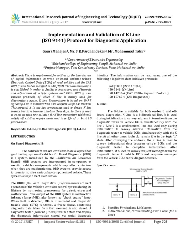 (PDF) Implementation and Validation of K Line (ISO 9141) Protocol for ...