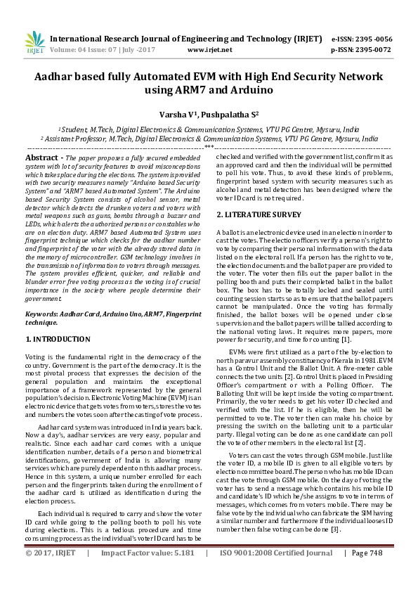 Pdf Aadhar Based Fully Automated Evm With High End Security Network Using Arm7 And Arduino
