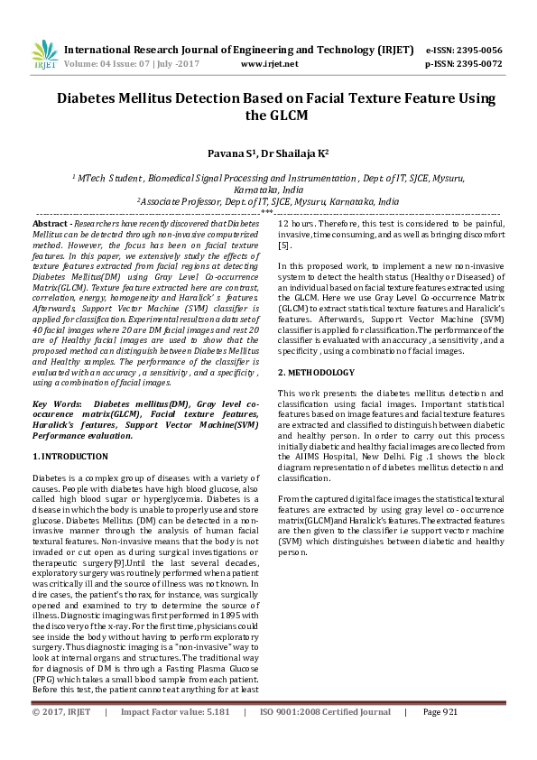 Pdf Diabetes Mellitus Detection Based On Facial Texture Feature Using The Glcm