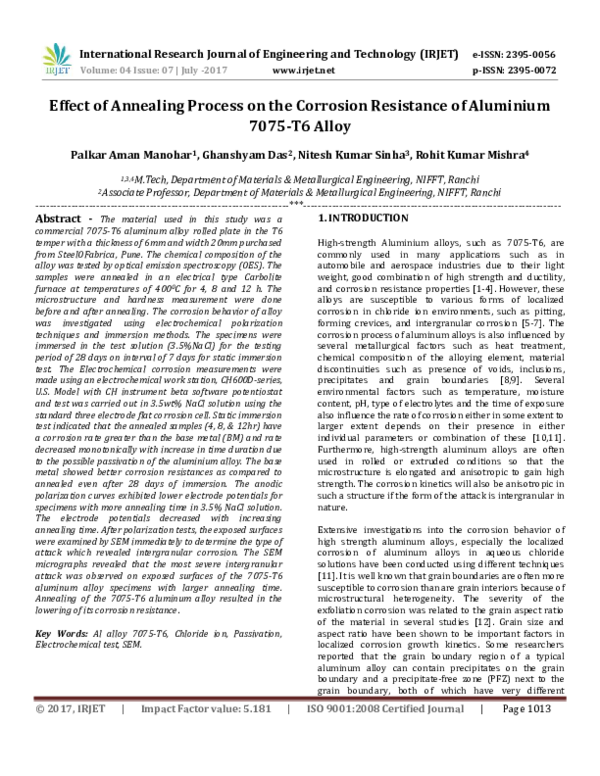 (PDF) Effect of Annealing Process on the Corrosion Resistance of Aluminium 7075-T6 Alloy