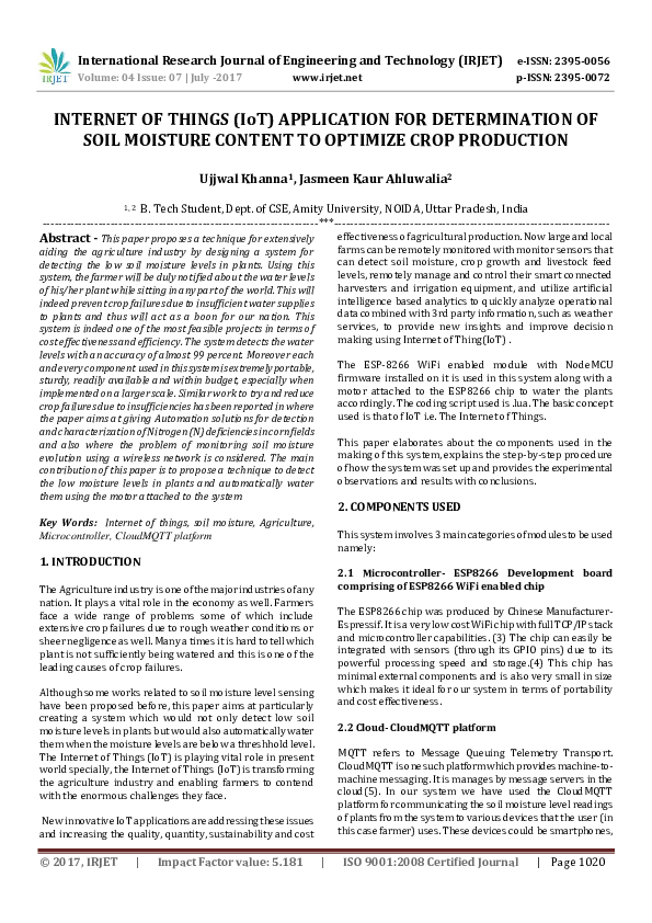 (PDF) INTERNET OF THINGS (IoT) APPLICATION FOR DETERMINATION OF SOIL MOISTURE CONTENT TO ...