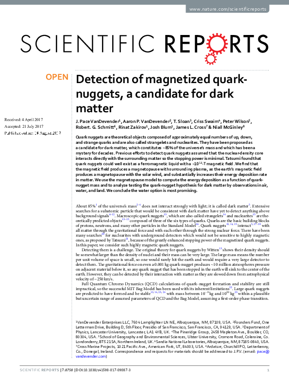 (PDF) Detection of magnetized quark- nuggets, a candidate for dark matter