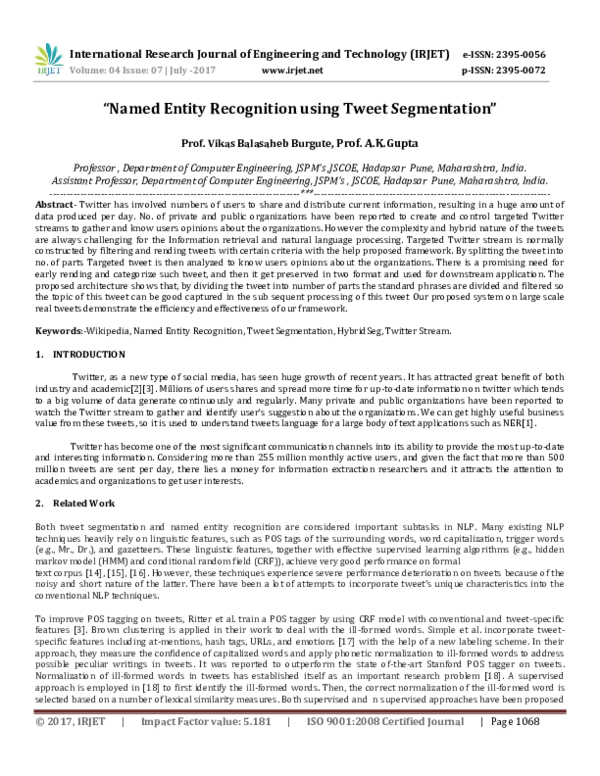 (PDF) Entity Recognition via Tweet Segmentation