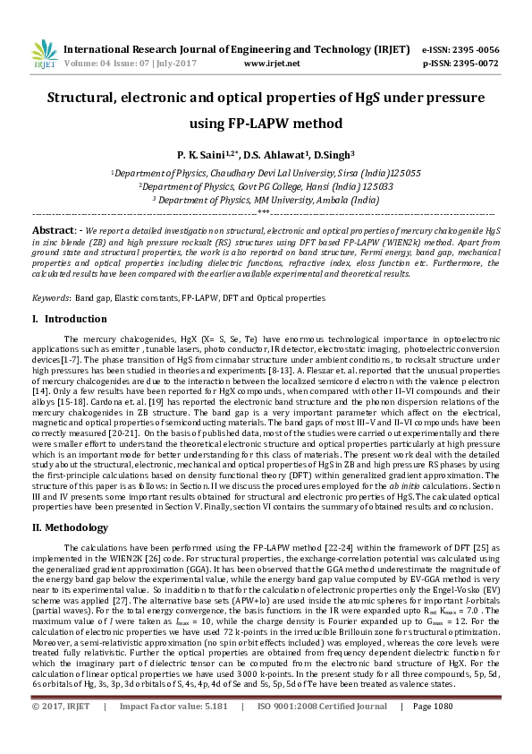 (PDF) Structural, electronic and optical properties of HgS under pressure using FP-LAPW method ...