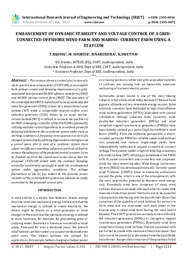 (PDF) ENHANCEMENT OF DYNAMIC STABILITY AND VOLTAGE CONTROL OF A GRID- CONNECTED OFFSHORE WIND ...