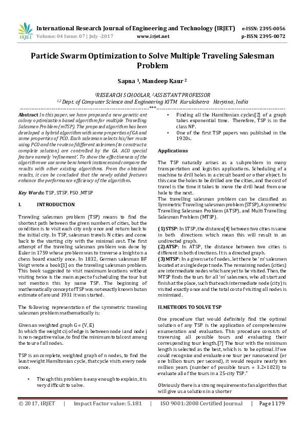 Pdf Particle Swarm Optimization To Solve Multiple Traveling Salesman Problem