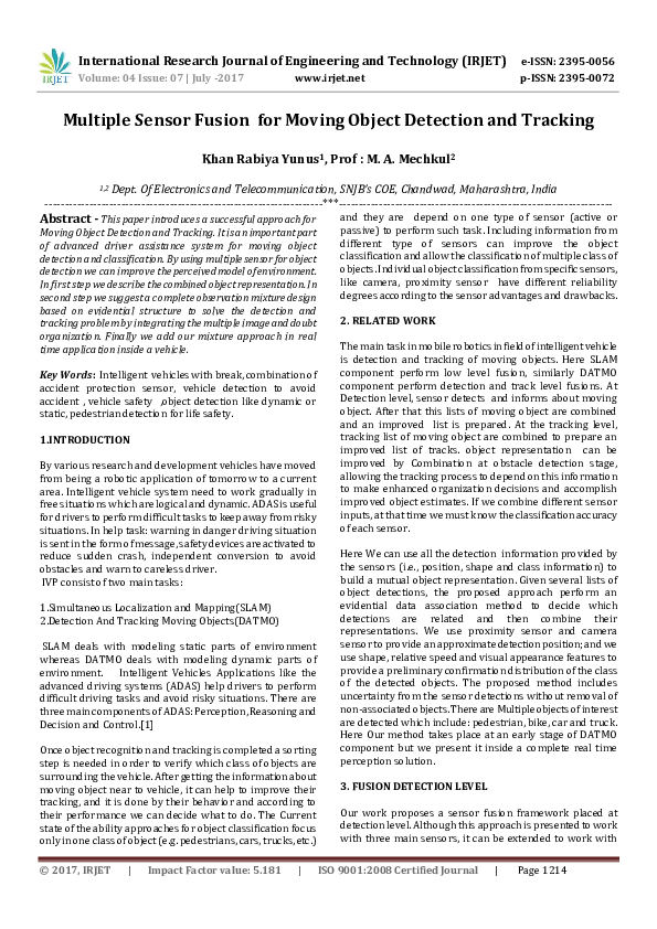 Pdf Multiple Sensor Fusion For Moving Object Detection And Tracking