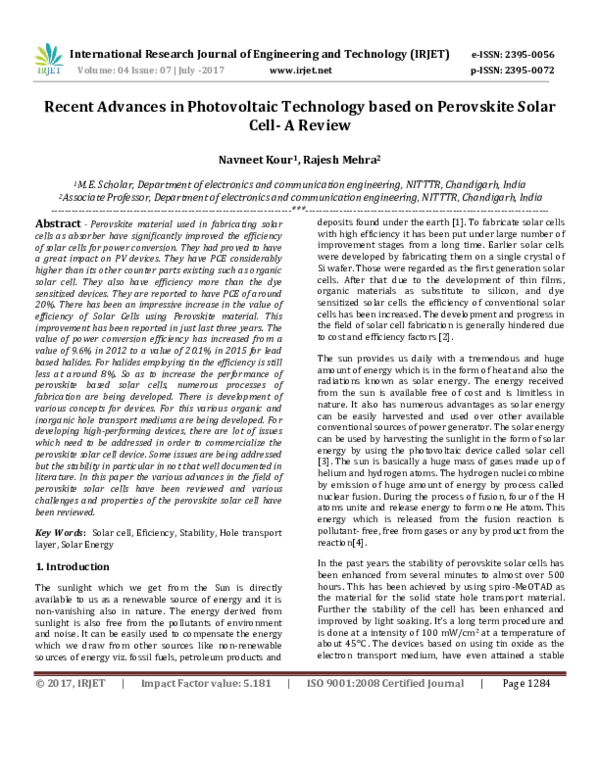 (PDF) Recent Advances in Photovoltaic Technology based on Perovskite ...