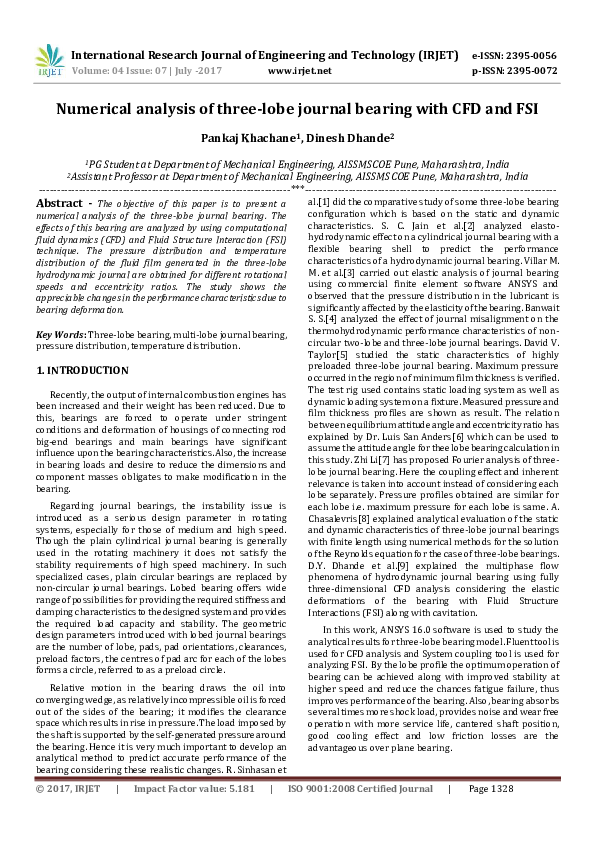 (PDF) Numerical analysis of three-lobe journal bearing with CFD and FSI