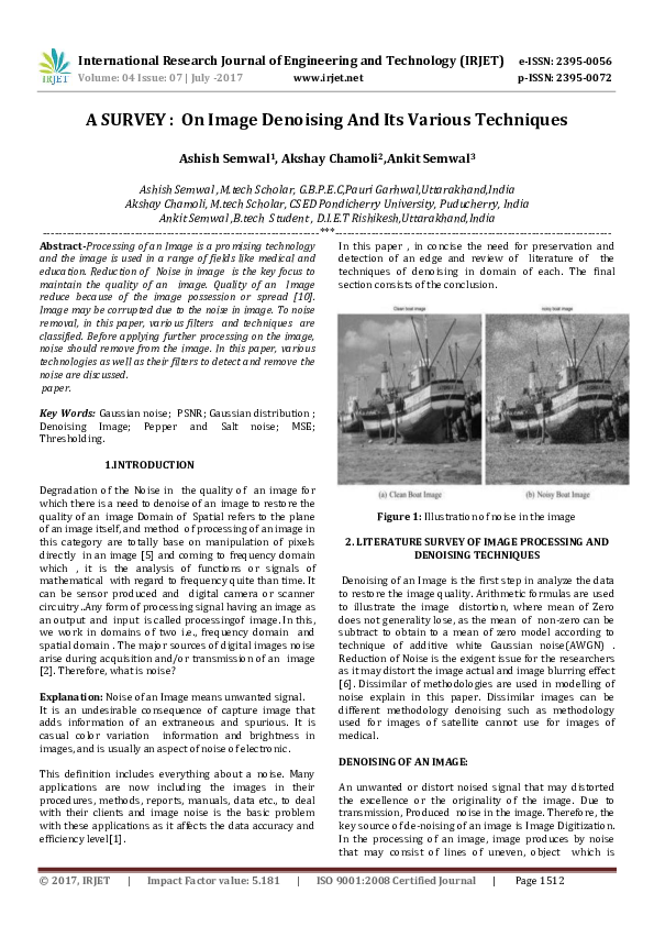 (PDF) A SURVEY : On Image Denoising and its Various Techniques