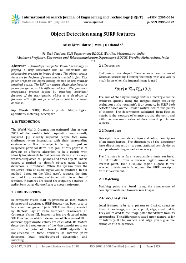 Pdf Object Detection Using Surf Features
