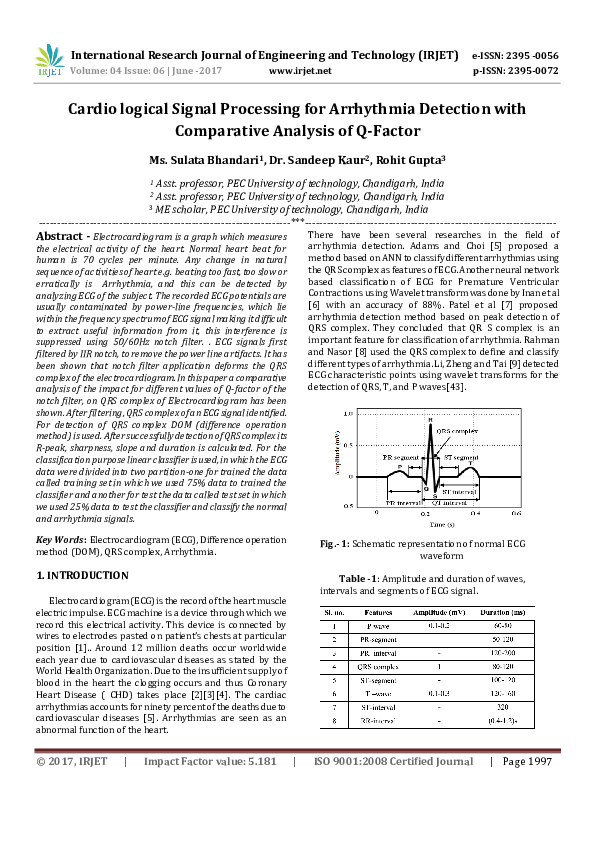 (PDF) Cardio logical Signal Processing for Arrhythmia Detection with Comparative Analysis of Q ...