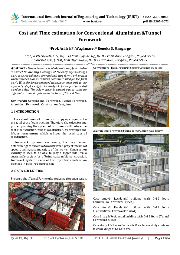 (PDF) Cost and Time estimation for Conventional, Aluminium &Tunnel Formwork