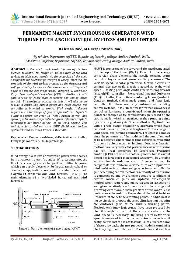 (PDF) PERMANENT MAGNET SYNCHROUNOUS GENERATOR WIND TURBINE PITCH ANGLE CONTROL BY FUZZY AND PID ...