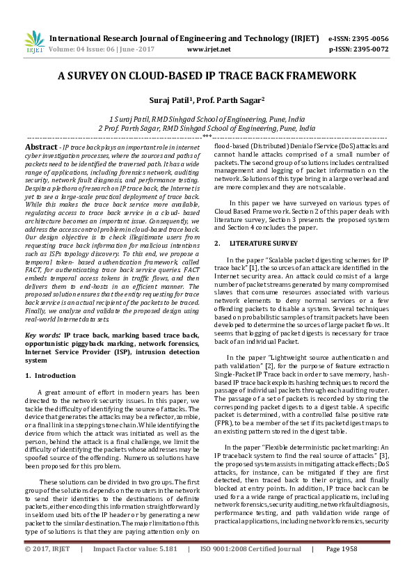 (PDF) A SURVEY ON CLOUD-BASED IP TRACE BACK FRAMEWORK | IRJET Journal ...