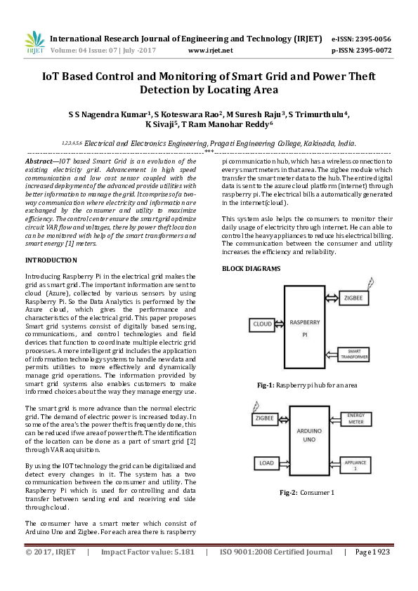 Pdf Iot Based Control And Monitoring Of Smart Grid And Power Theft